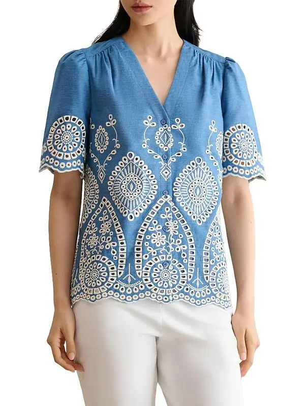 HOBBS LONDON Sloane Broderie Blouse - Blue Ivory