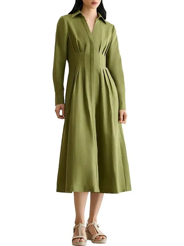 HOBBS LONDON Chrissy Linen Pleated Waist Dress - Pale Olive