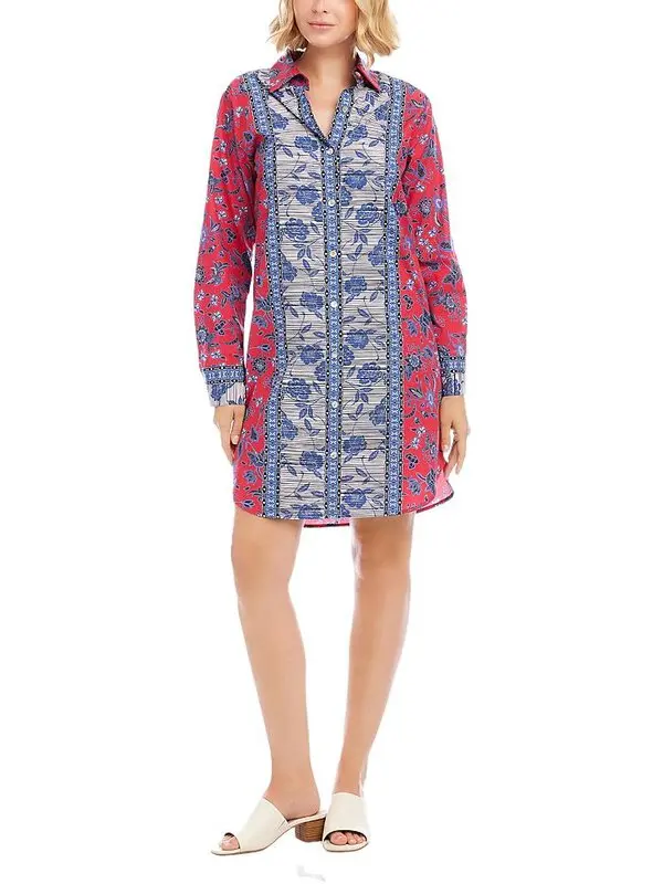Karen Kane Long Sleeve Border Print Shirt Dress - Red