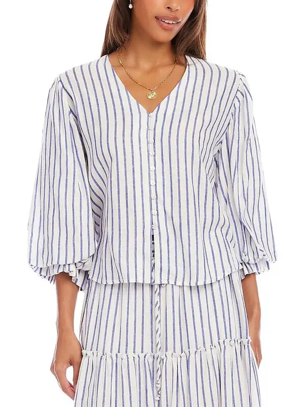 Karen Kane Stripe Layered Sleeve Shirred Blouse - Off White/ Blue