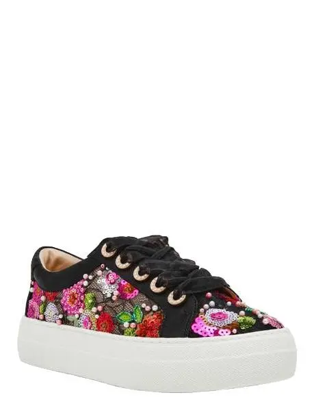 Betsey Johnson Bonny Sequin Platform Sneakers - Black Floral