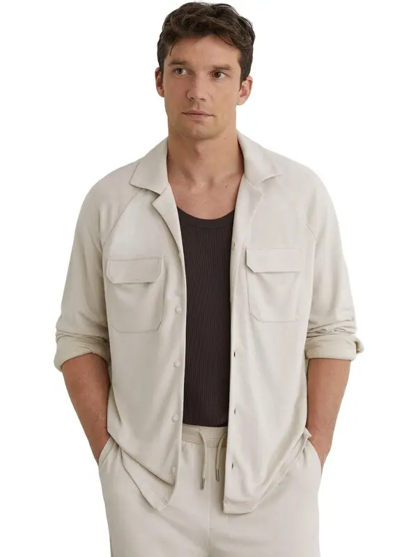 REISS Delmer Jersey Twin-pocket Cuban-collar Overshirt - Light Stone