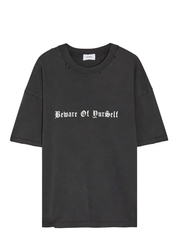 ASKYURSELF Beware Printed Distressed Cotton T-shirt - Black