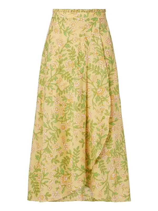 Poupette St Barth Eva Floral Cotton Midi Skirt - Yellow