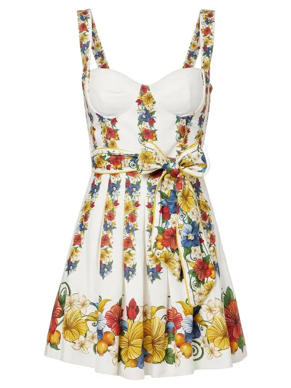 Farm Rio Floral Pleated Linen-blend Minidress - Multicoloured