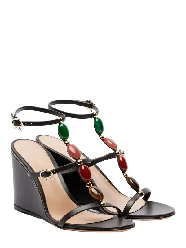 GIANVITO ROSSI Embellished Leather Wedge Sandals - Brown