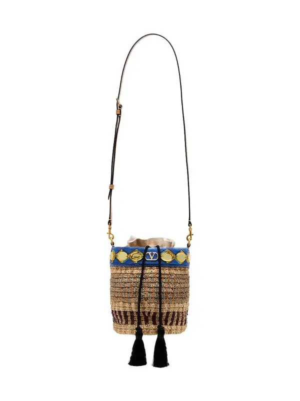 Valentino Garavani Vlogo Small Embellished Raffia-effect Bucket Bag - Multicoloured