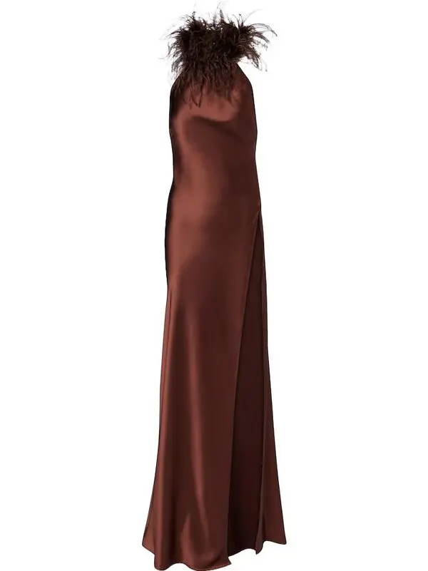 THE NEW ARRIVALS ILKYAZ OZEL Jazzy Feather-trimmed Gown - Brown
