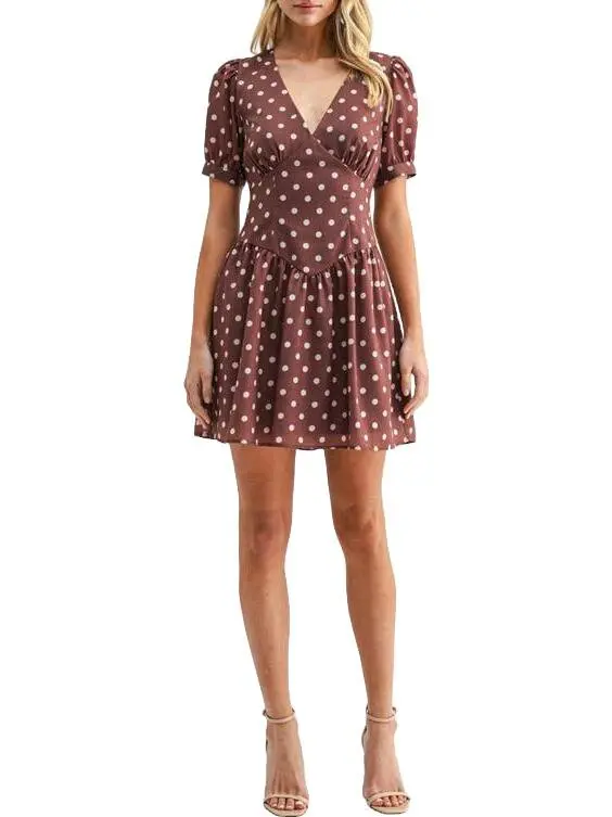 ALL IN FAVOR Polka Dot Puff Sleeve A-line Minidress - Brown Cream