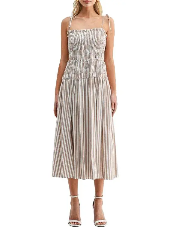 ALL IN FAVOR Stripe Tie Strap Smocked Cotton Midi Sundress - Brown Ivory
