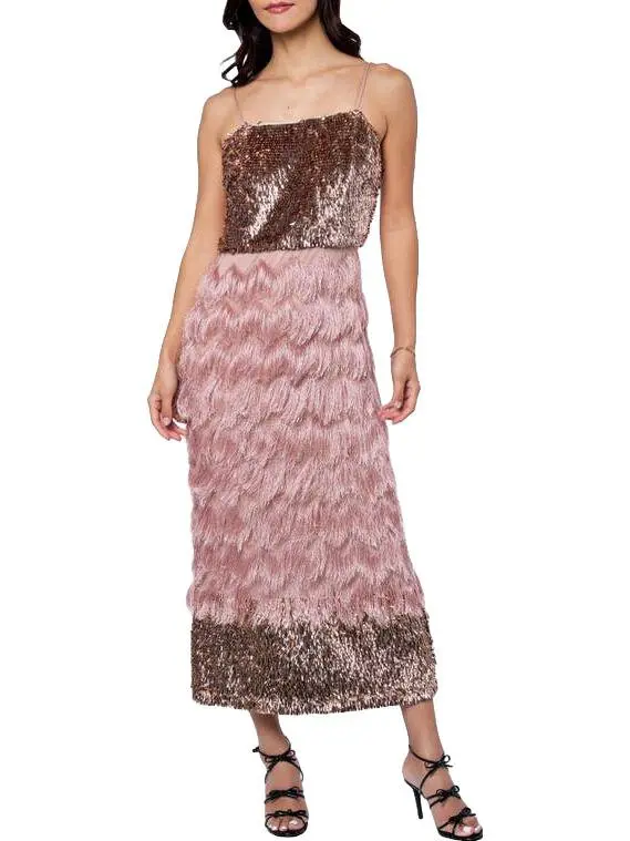 CIEBON Olivera Fringe & Sequin Midi Dress - Champagne