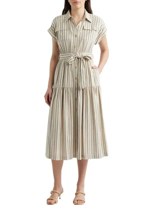 ZOE AND CLAIRE Stripe Belted Linen Midi Shirtdress - Light Taupe