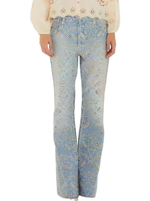 Farm Rio Floral-embroidered Flare Jeans - Blue