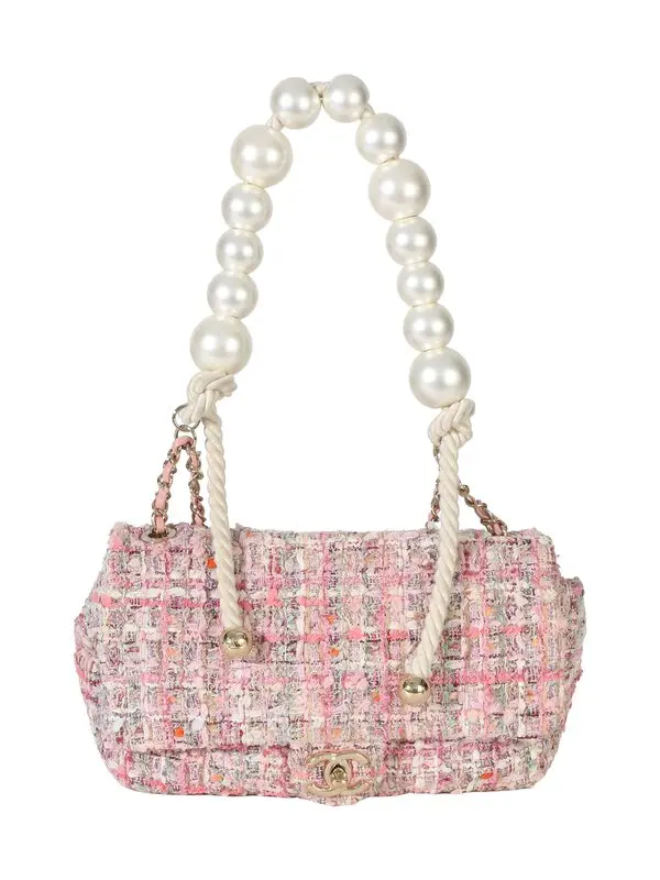 Chanel Tweed Flap Bag With Pearl Handle - Pink