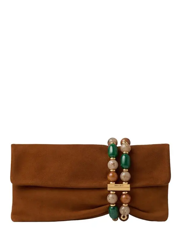 JIMMY CHOO Zandra Suede Clutch With Beaded Bracelet - Tan/gold