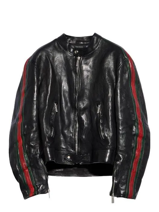 Gucci Buffalo Leather Biker Jacket With Web Detail - Black