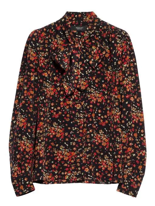 Gucci Printed Silk Shirt With Bow - Black