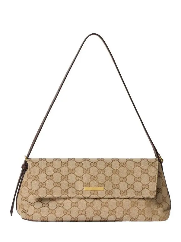 Gucci Shoulder Bag With Gg Canvas And Plaque - Beige