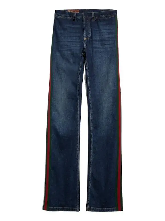 Gucci Cotton Denim Flared Pants With Web - Blue