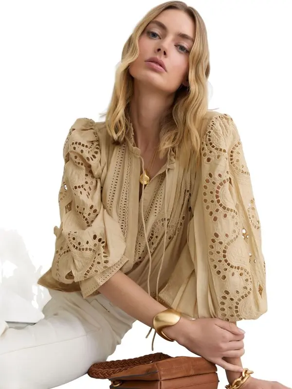 REISS Rhiannon Broderie Anglaise Blouse - Neutral
