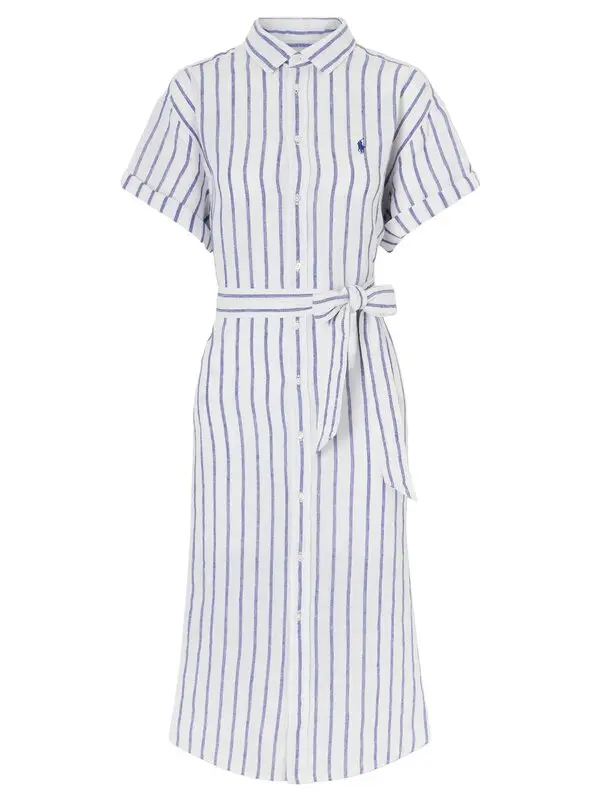 Polo Ralph Lauren Belted Striped Linen Midi Shirt Dress - Blue