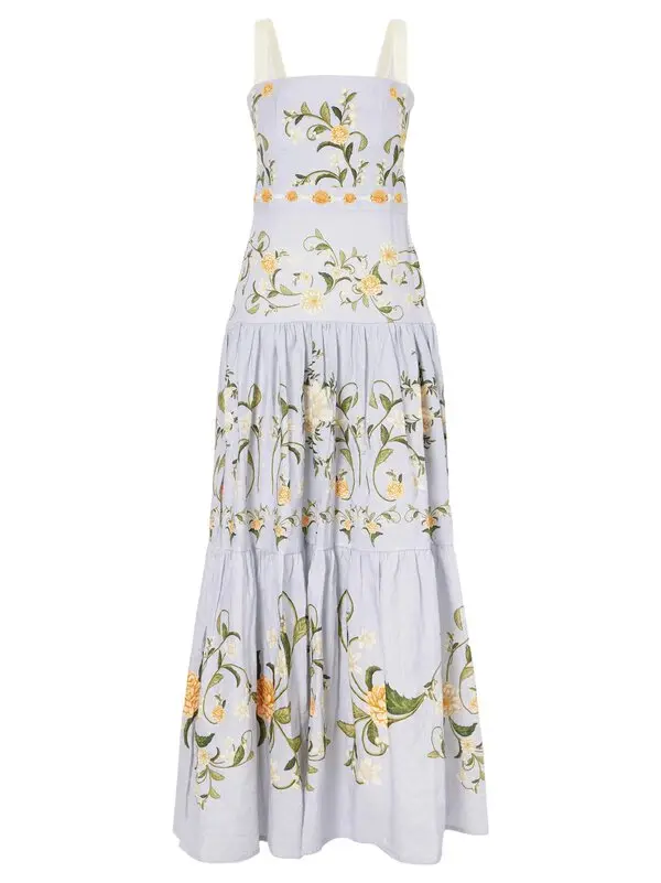 Agua Bendita Floral Print Linen Maxi Dress - Blue