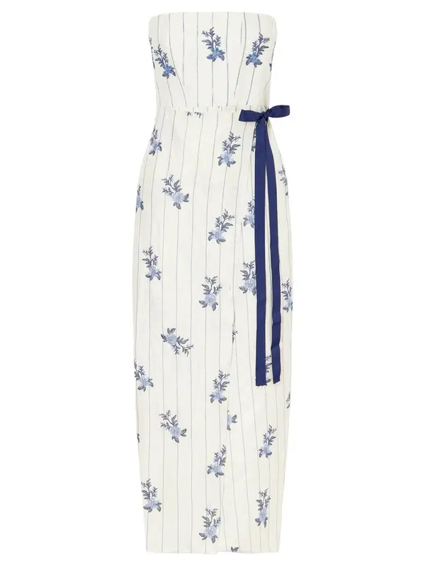 Agua Bendita Cinefila Striped Embellished Linen Midi Dress - Neutrals