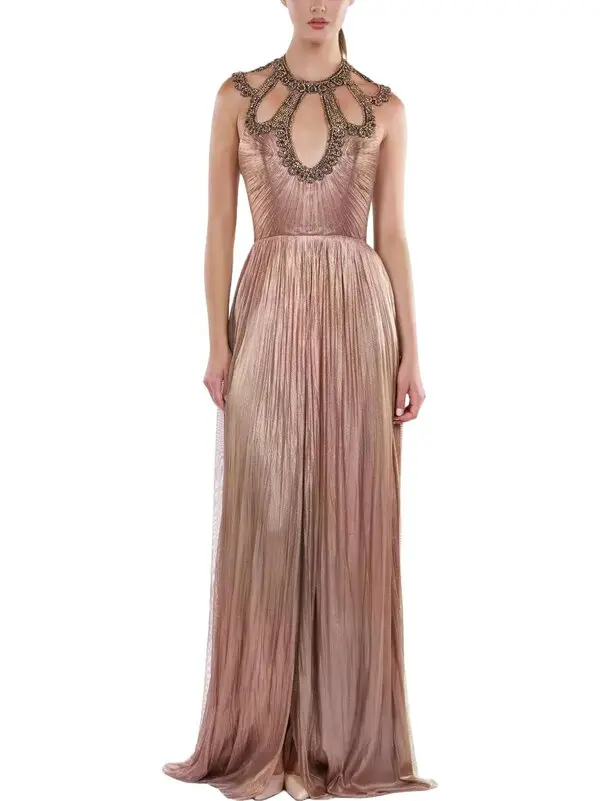 ARAFTU Crystal-embellished Plissé Gown - Neutrals