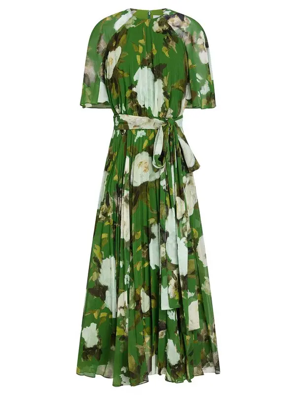 Erdem Floral-print Pleated Voile Midi Dress - Leaf Green