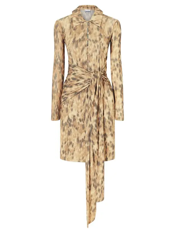 GANNI Marl Printed Mesh Midi Dress - Beige