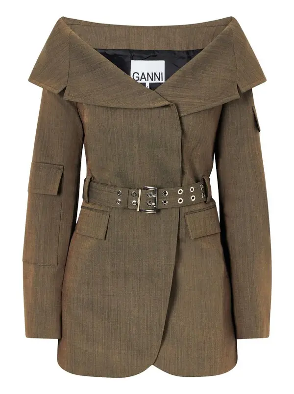 GANNI Belted Wool Blazer - Brown