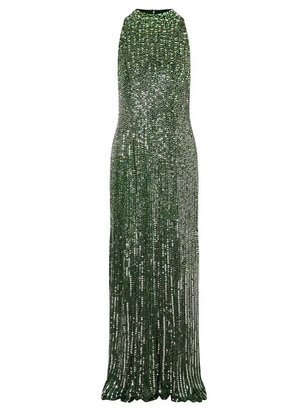 Jenny Packham Benue Sequin-embellished Mesh Halterneck Gown - Green