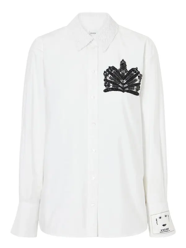 Erdem Embellished Lace-trimmed Organic Cotton Poplin Shirt - White