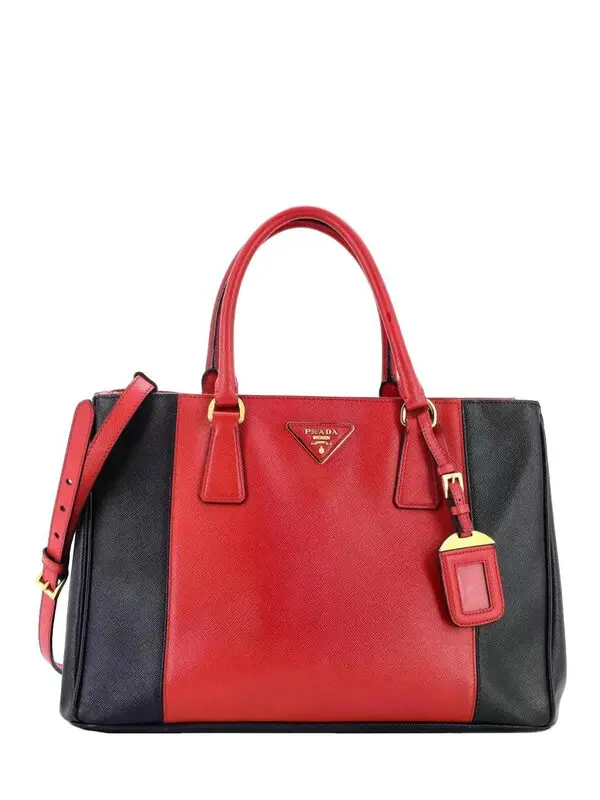 Prada Bicolor Double Zip Lux Saffiano Leather Medium Tote Bag - Red