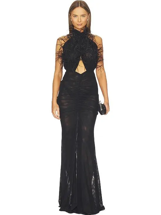 Lapointe Feather Embroidery Halter Ruched Gown - Black