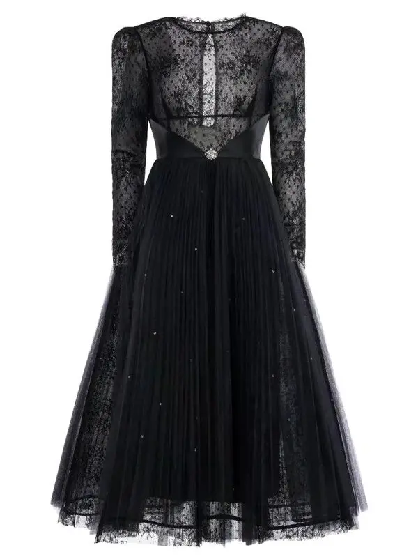 ARAFTU Lace-panelled Pleated A-line Dress - Black