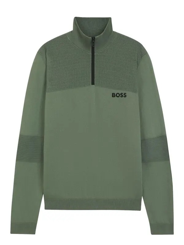 BOSS Water-repellent Zip-neck Cotton-blend Sweater - Light Green