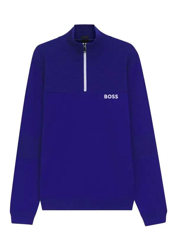 BOSS Water-repellent Zip-neck Cotton-blend Sweater - Blue