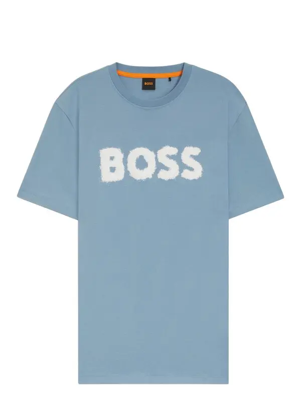 BOSS Logo-artwork T-shirt In Cotton Jersey - Light Blue
