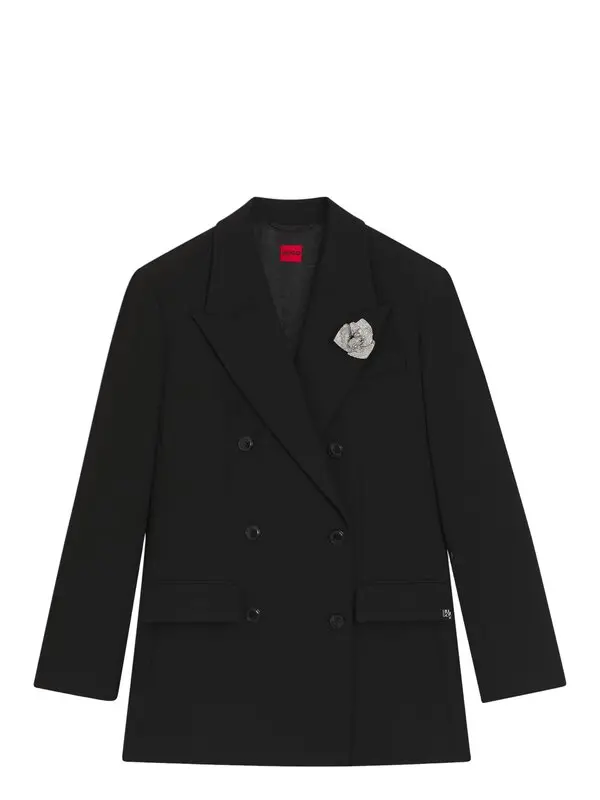 Hugo Oversized-fit Blazer With Rhinestone Brooch - Black