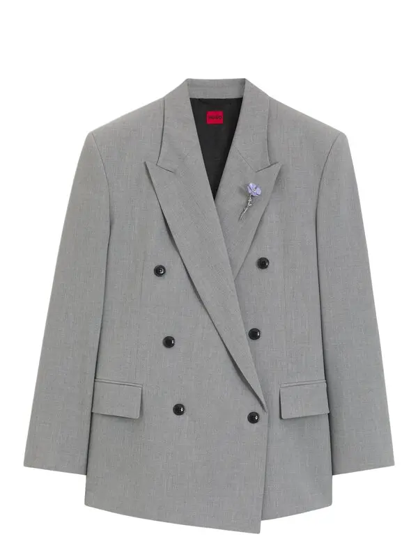 Hugo Relaxed-fit Blazer With Enamel Flower Brooch - Light Grey