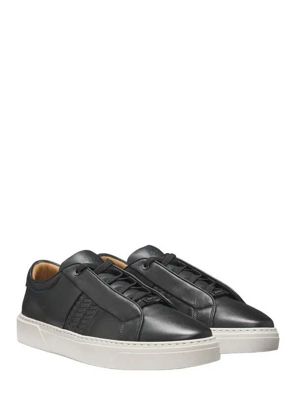 BOSS Low-top Leather Trainers With Woven Detail - Black