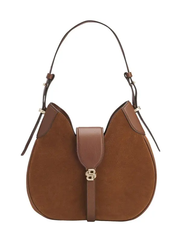 BOSS Suede Hobo Bag With Double B Monogram - Brown
