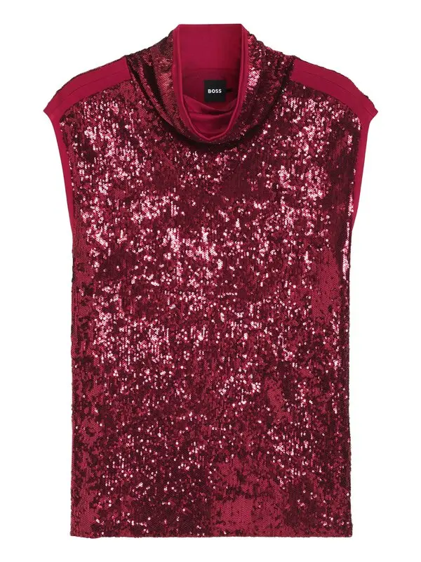 BOSS Sequin Top With Draped Funnel Neckline - Dark Red