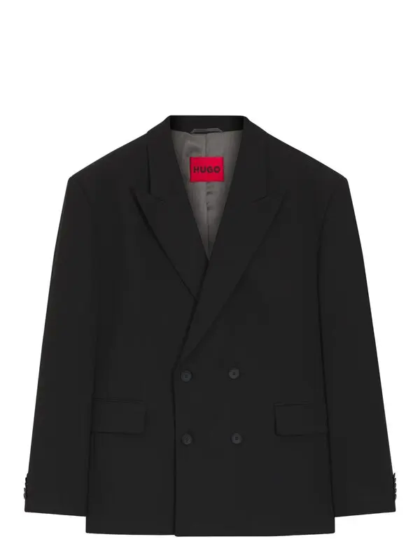 Hugo Double-breasted Suit Jacket In Wool-blend Twill - Black