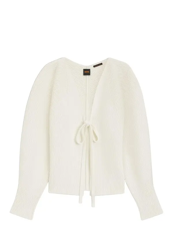 BOSS Rib-knit Cardigan With Tie-front And Balloon Sleeves - White