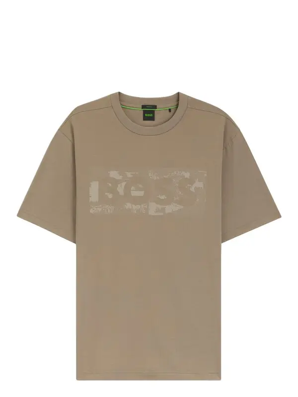 BOSS Logo-artwork T-shirt In Stretch Cotton - Light Green