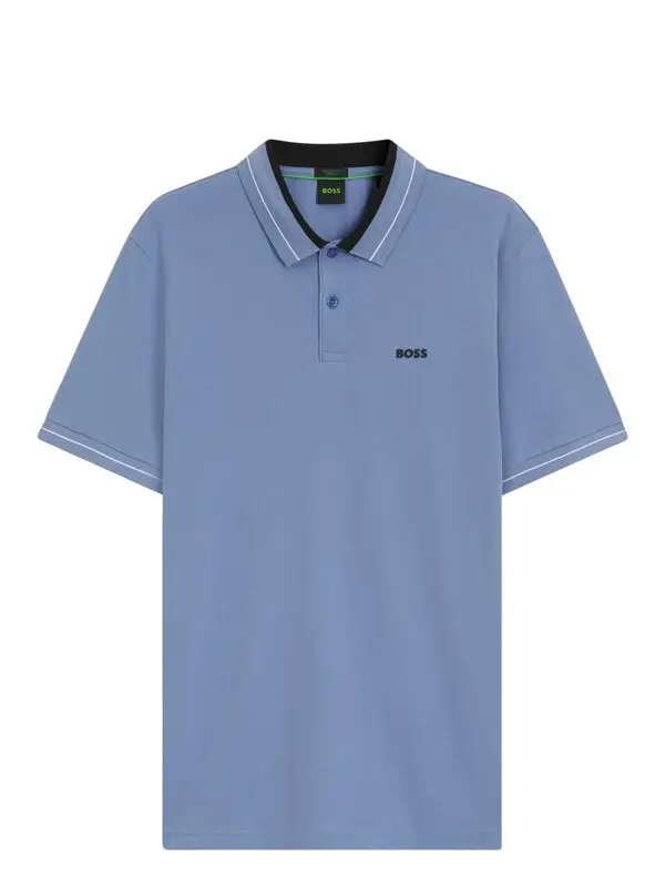 BOSS Stripe-trim Polo Shirt In Stretch Cotton - Light Blue