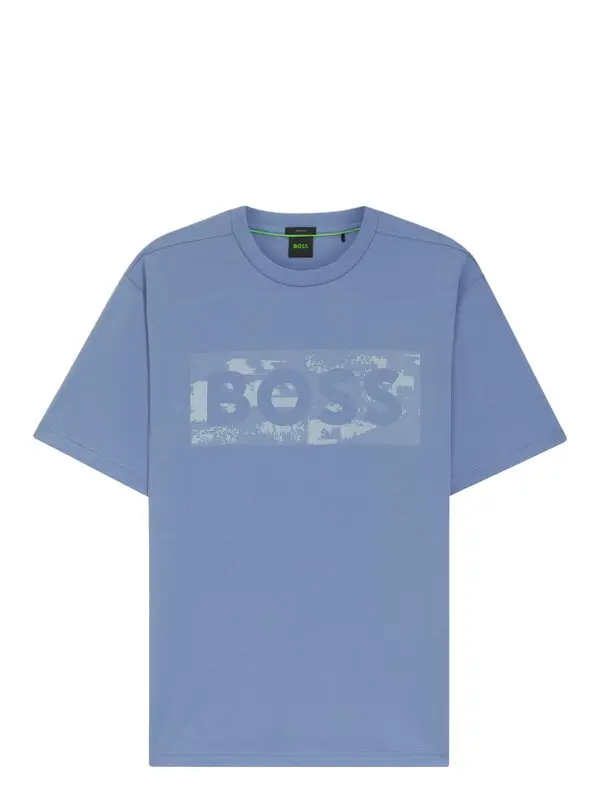 BOSS Logo-artwork T-shirt In Stretch Cotton - Light Blue