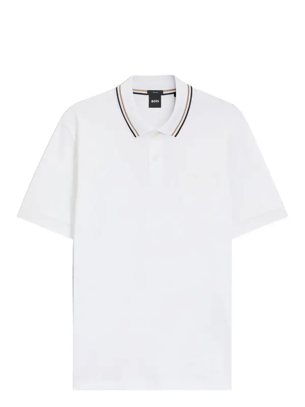 BOSS Striped-collar Slim-fit Polo Shirt In Cotton With Logo - White